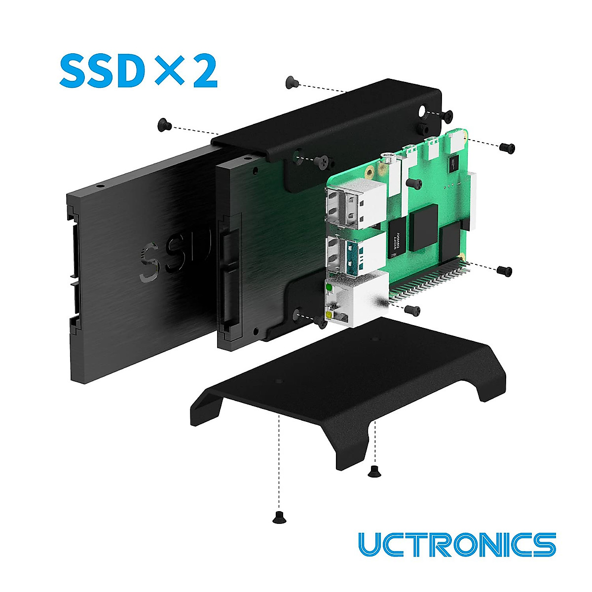 UCTRONICS for Raspberry Pi SSD Case, Pi NAS Metal Vertical Stand for Dual 2.5” SSDs and Pi 5, 4, 3B/3B+ and Other B Models