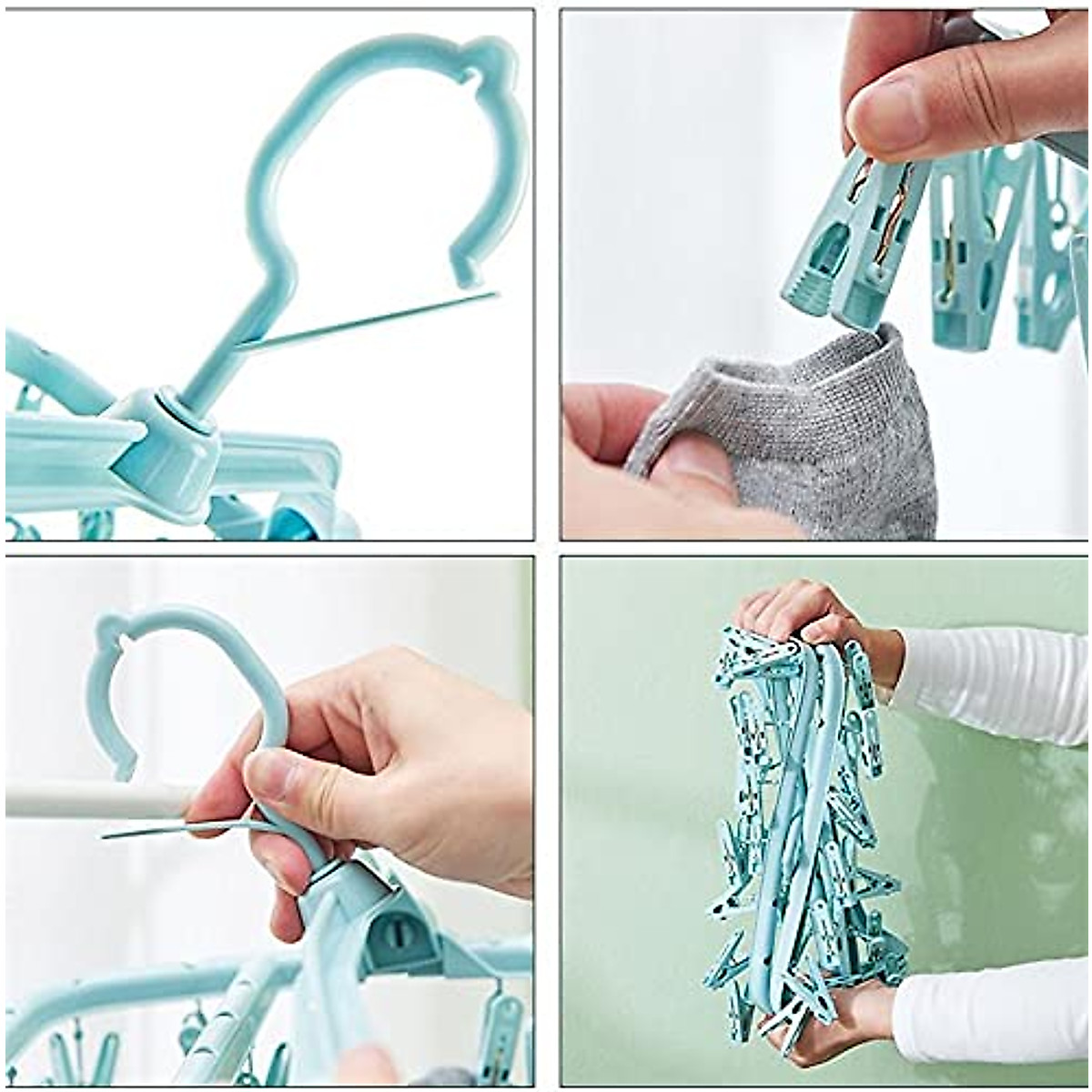 Radefasun Clip and Drip Hanger with 32 Clips Plastic Swivel Hook Portable Folding Drying Rack Baby Clothes Hanger Foldable Travel Accessories for Socks Bras Lingerie Towels Underwear Gloves Blue