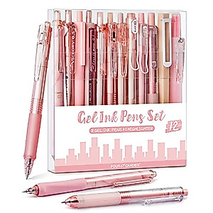 Four Candies 12Pack Pastel Gel Ink Pen Set, 11 Pack Black Ink Pens with 1Pack Highlighter for Writing, Retractable 0.5mm Fine Point Gel Pens, Cute Note Taking Pens for School Office (Pink)