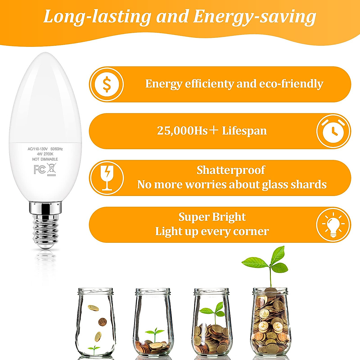 Brightever E12 LED Candelabra 40 Watt Equivalent Light Bulbs, 4W Warm White 2700K Ceiling Fan Bulbs, Chandelier Candle Lights for Wall Lanterns, Pendant Lights, Non-Dimmable, 6-Pack