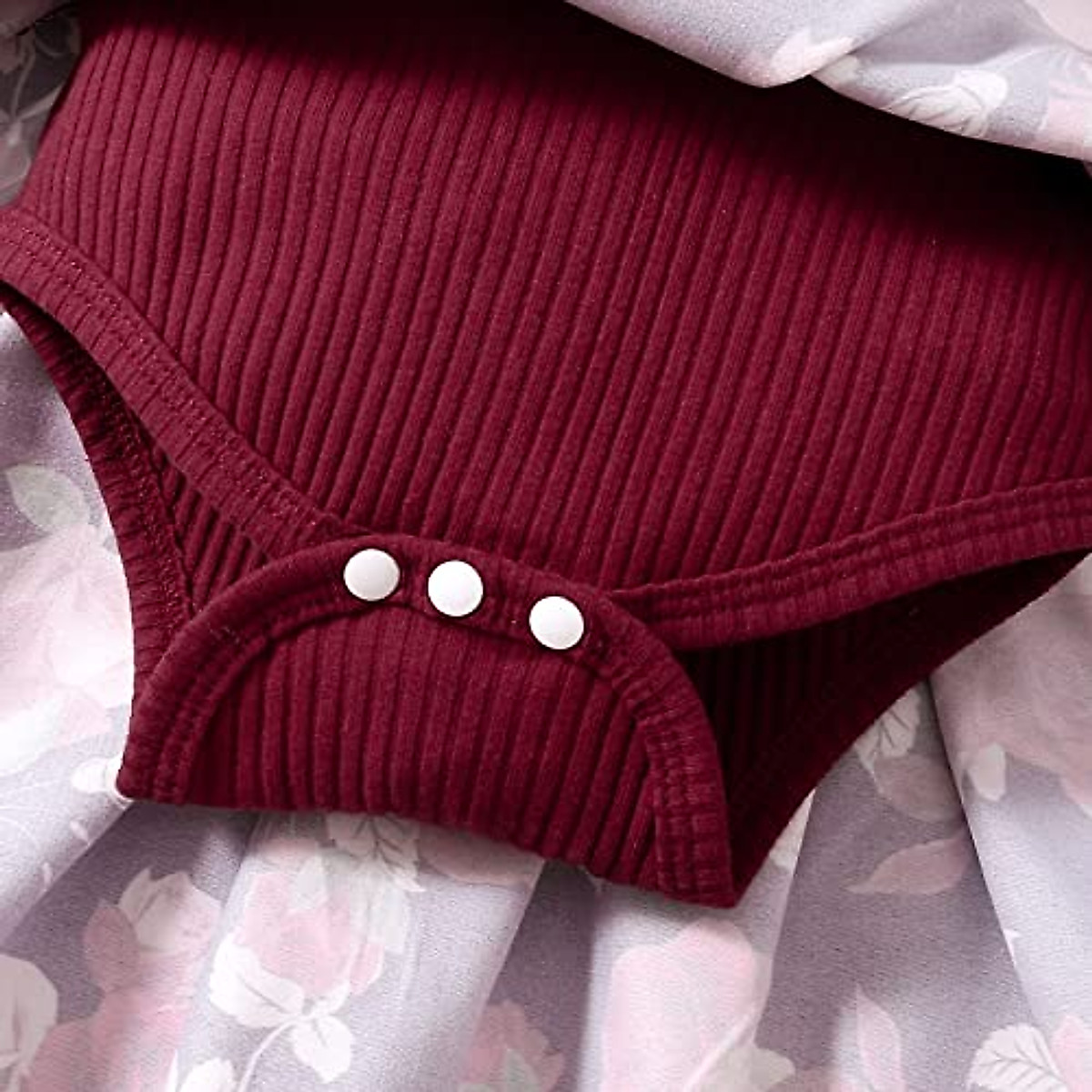 OPAWO Newborn Infant Baby Girl Dress Ribbed Bodysuit Romper Dress Long Sleeve Floral Girl Dresses Fall Winter Clothes(Burgundy,3-6 Months)