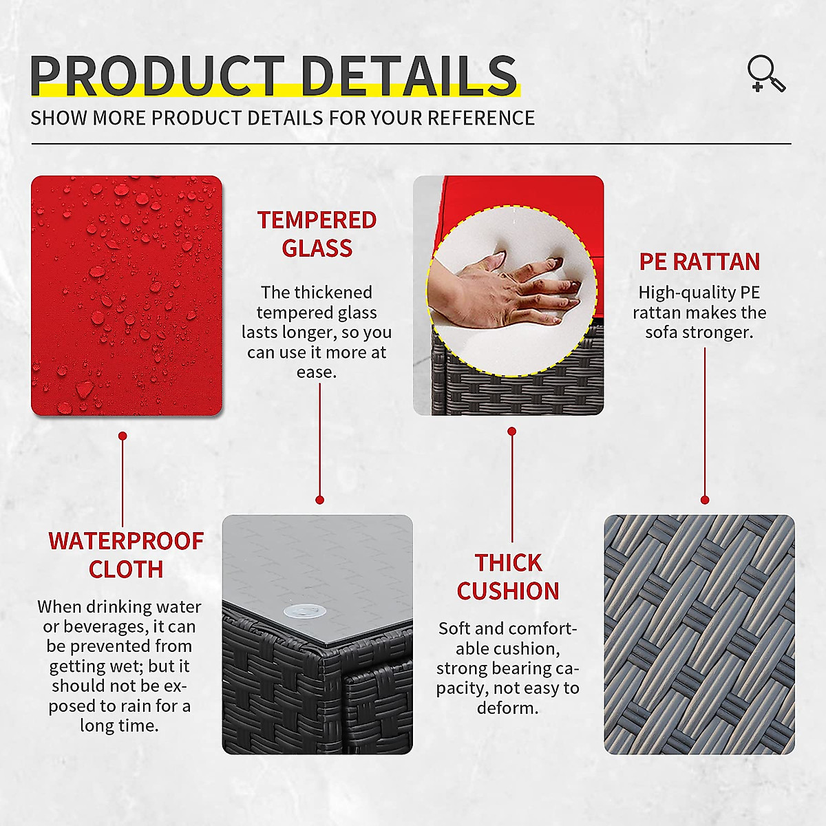 Lviden 7 Pieces Outdoor PE Wicker Furniture Set Patio Rattan Sectional Conversation Sofa Set with Red Cushions and Glass Top Table