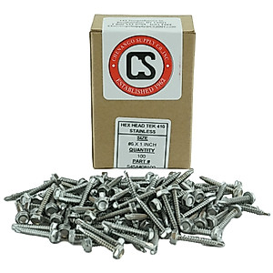Stainless #6 x 1/2 Inch Hex Washer Head Self Drilling Sheet Metal Tek Screws with Drill Point, 410 Stainless Steel, Self Driller, 100 Pieces (#6 x 1/2 Inch)