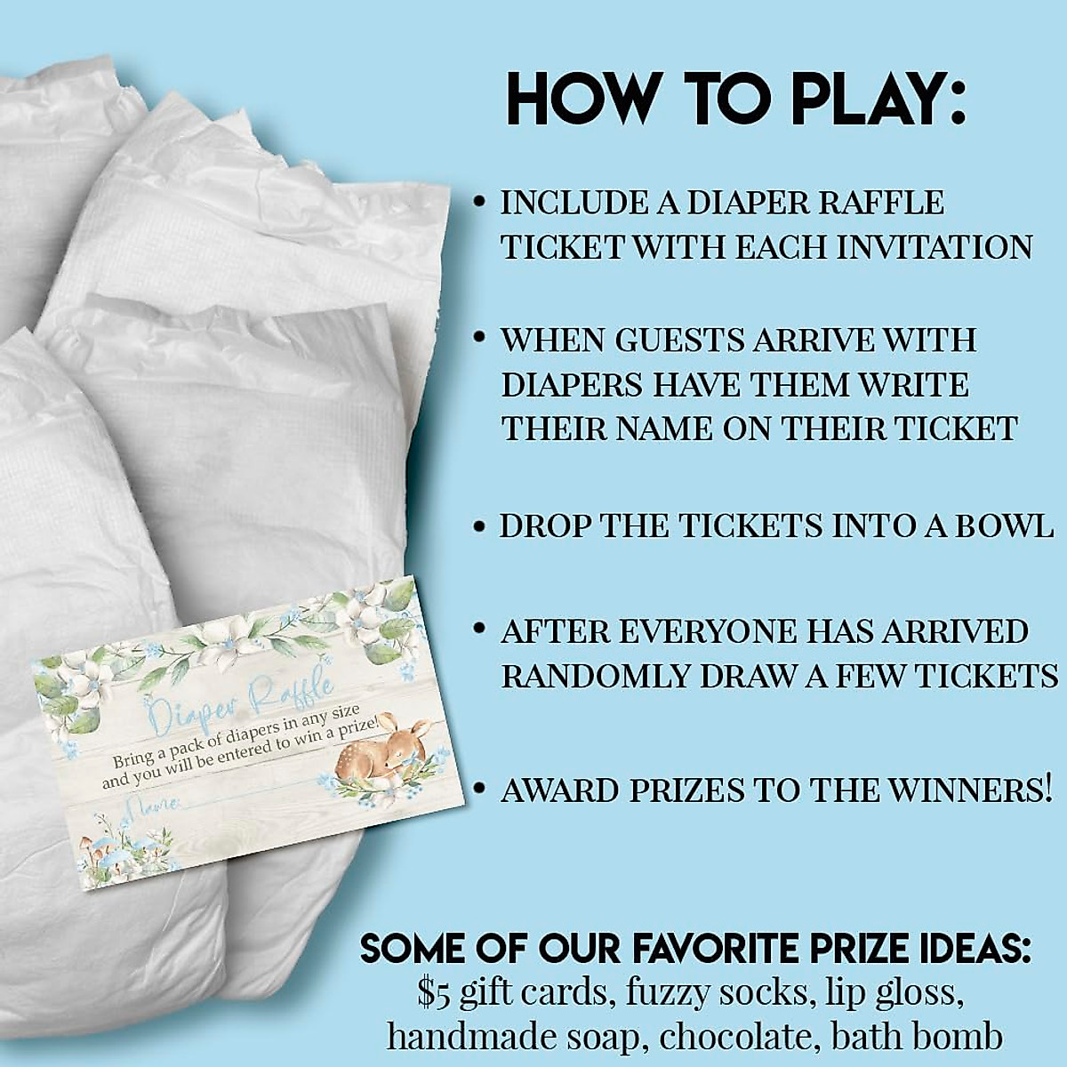 Little Deer Woodland Themed Diaper Raffle Tickets for Boy Baby Showers, 20 2" X 3” Double Sided Insert Cards for Games by AmandaCreation, Bring a Pack of Diapers to Win Favors & Prizes!