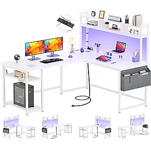 Aheaplus L Shaped Desk with Power Outlet & LED Strip, Reversible L-Shaped Corner Computer Desks Gaming Desk with Storage Shelf & Monitor Stand, Modern 2 Person Home Office Desk, Writing Desk, White