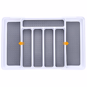 CiWiVOKi Utensil Drawer Organizer, Expandable Silverware Organizer for Kitchen Drawer, Large Cutlery Tray Flatware Holder, Plastic Kitchen Storage for Spoons Knives Forks, 7-Slots, White/Grey