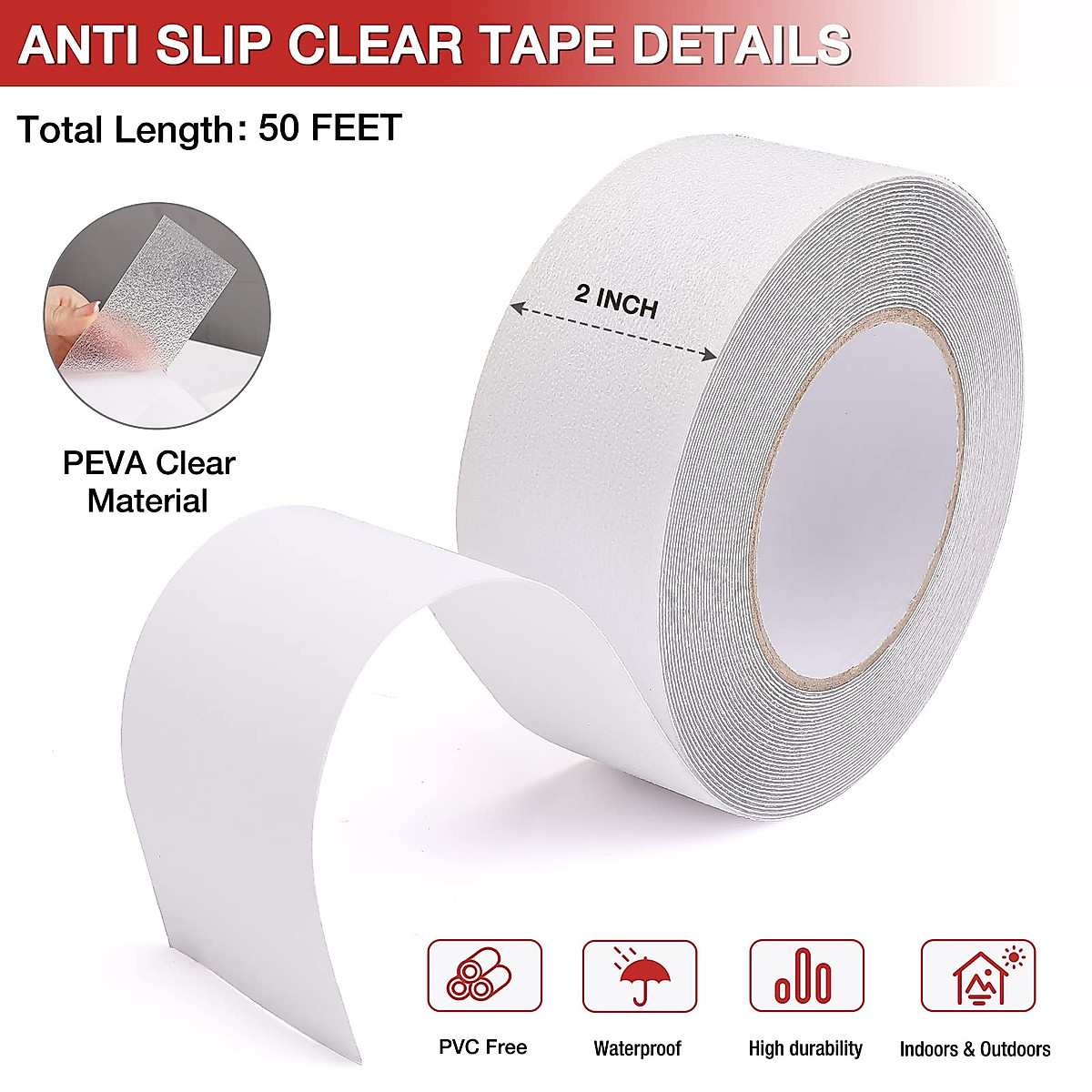 SafetyPro Clear Anti Slip Tape, 2 Inch × 50 Feet Waterproof Grip Tape, Strong Traction Safety Tape for Stairs, Outdoor/Indoor Use (Transparent)