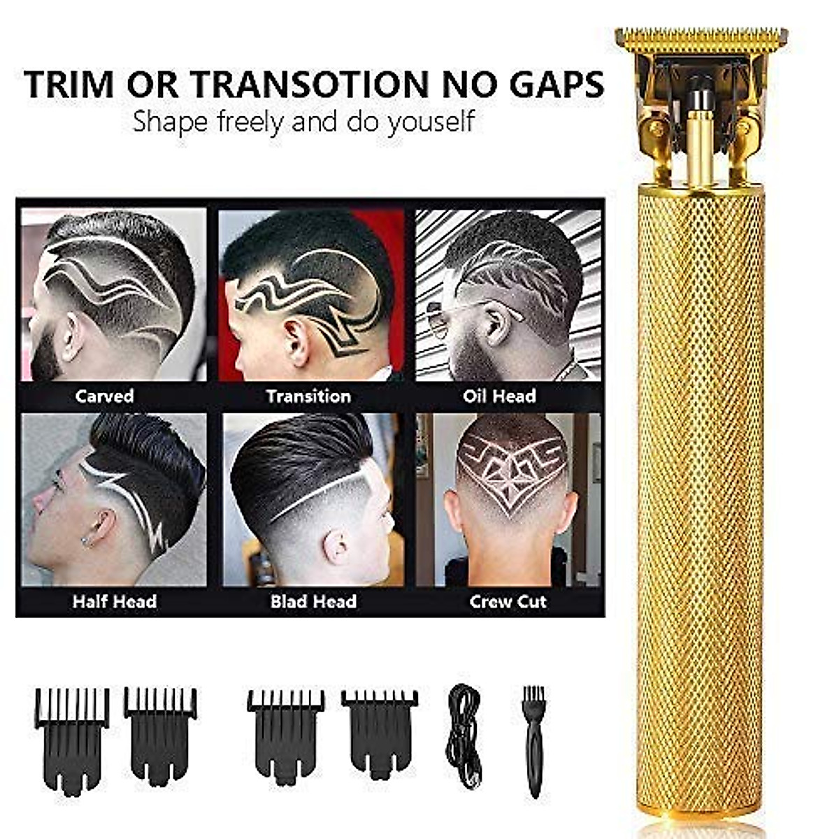 Hair Clippers for Men, Electric Pro Li Outliner Grooming Rechargeable Cordless Close Cutting T-Blade Trimmer for Men 0/1.5/3/6/9 mm Baldheaded Hair Clippers Zero Gapped Detail Beard Shaver (Gold)
