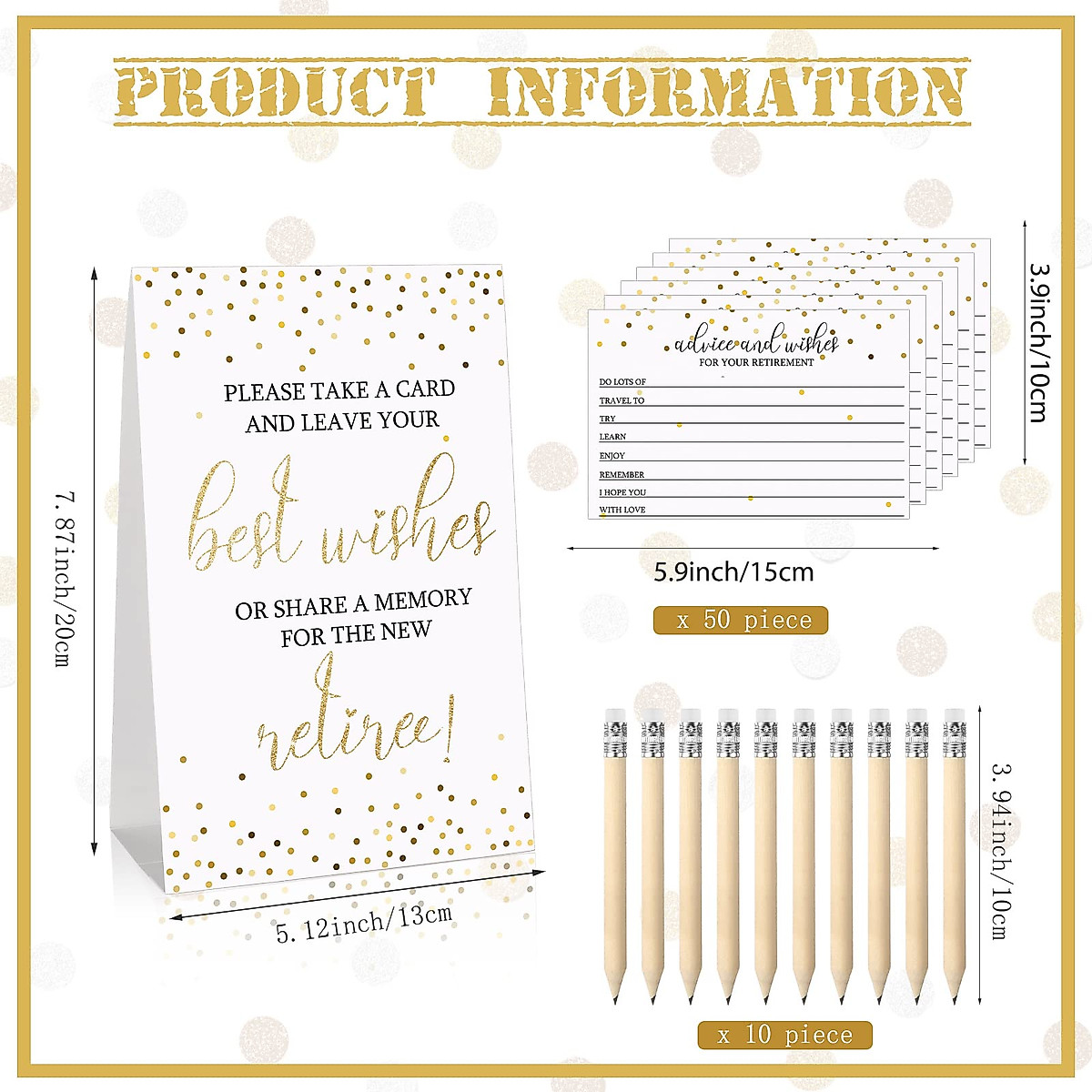 Fumete 50 Pieces Gold Retirement Party Advice and Wishes Cards with 10 Small Pencils and 1 Cardstock Place Card Retired Ideas Supplies and Decoration for Retirement Party Activities
