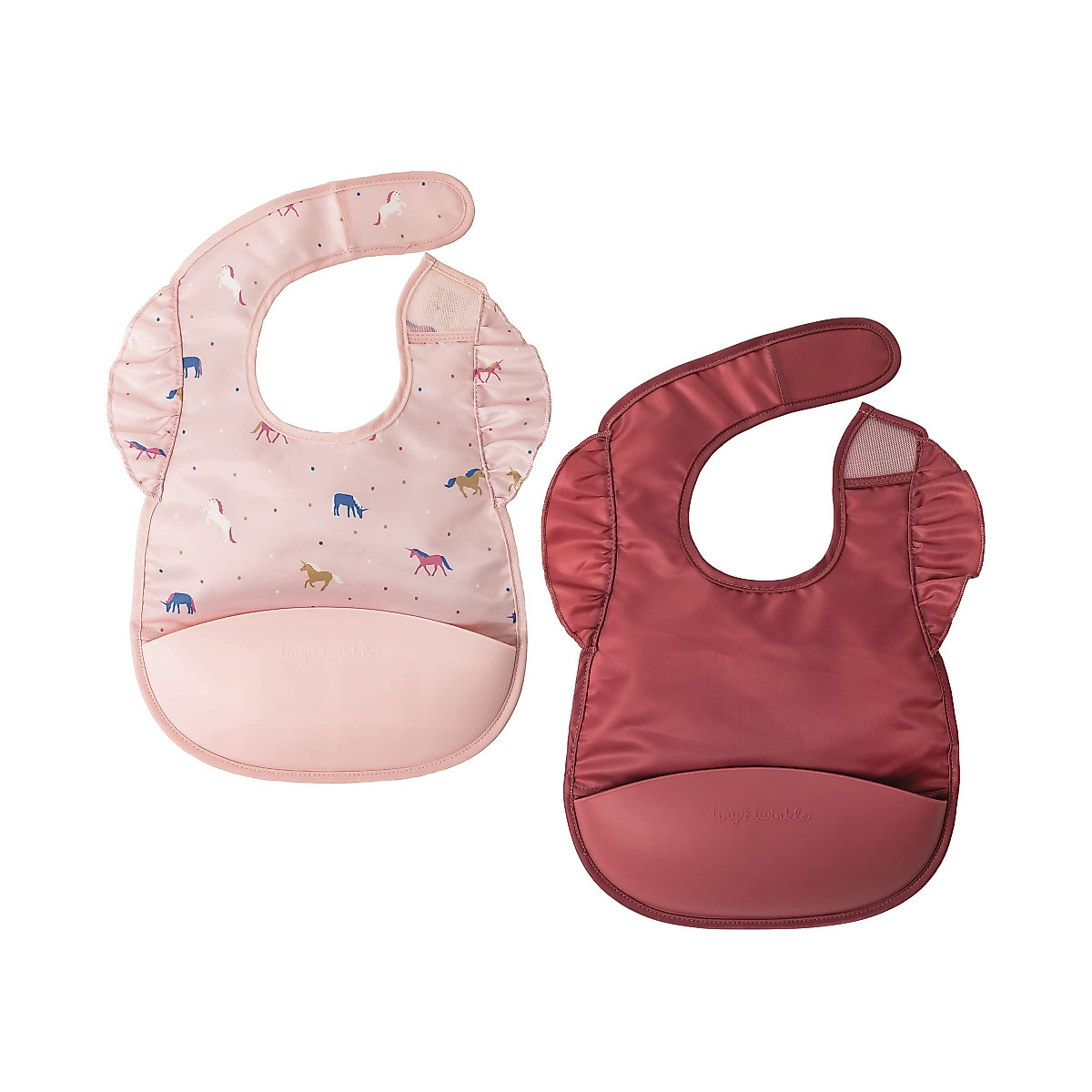 Tiny Twinkle Silicone Pocket Bibs - Waterproof Bibs Babies, Food Catching, Mess-Proof Bibs for 6-24 Months Old Baby Boy and Girl, Toddlers, 2-Pack (Unicorn, Burgundy)