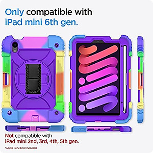 LTROP iPad Mini 6 Case 2021, iPad Mini 6th Generation Case for Kids, Heavy Duty Shockproof Cover with Pencil Holder/360 Rotating Stand/Hand Strap for iPad Mini 6th Generation 8.3 Inch 2021, Purple