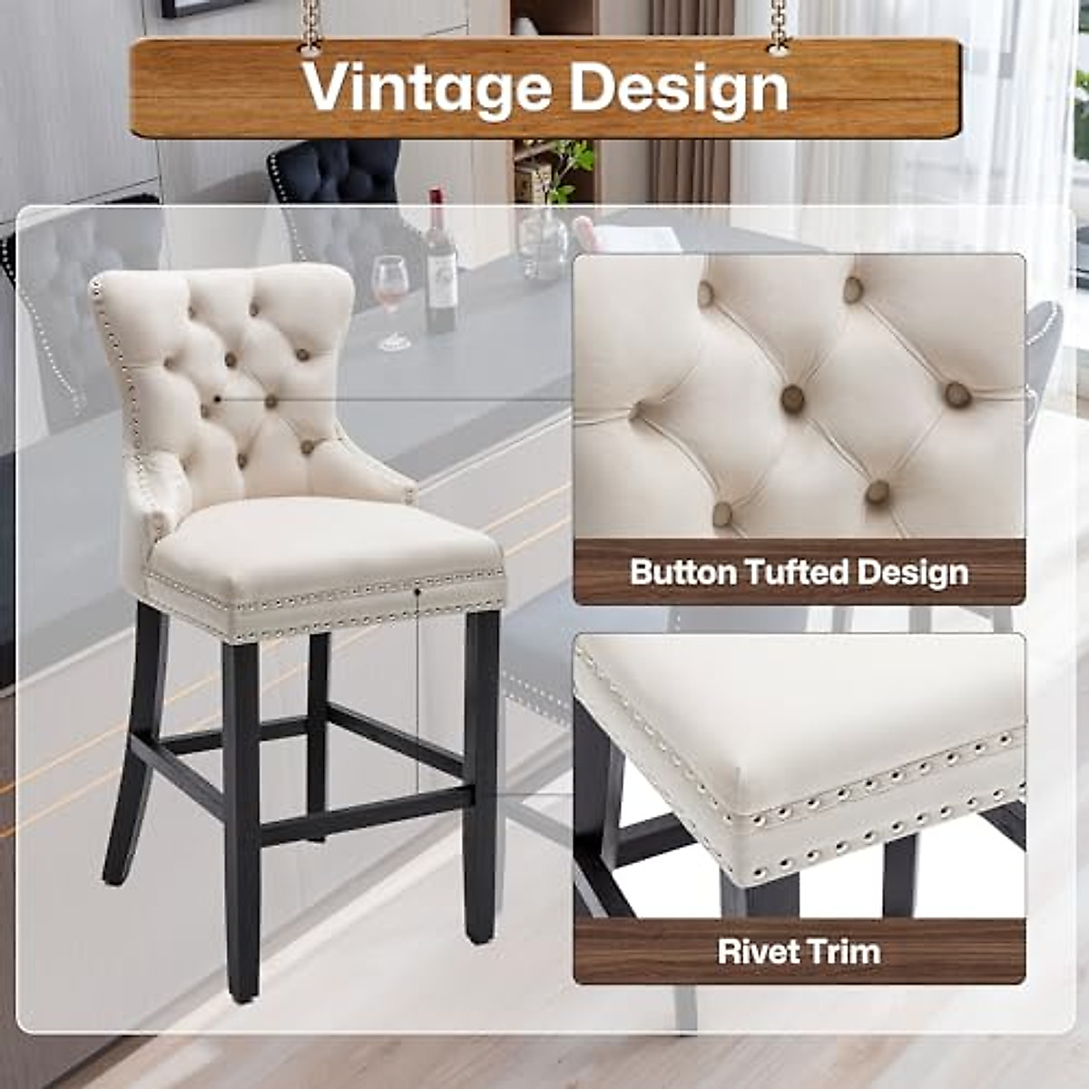 GOOLON Bar Stools Set of 2, Velvet 26 Inch Seat Height Counter Height Barstools with Back, Rivet Trim Bar Chairs for Kitchen Island Metal Pull Ring Wood Legs, Beige