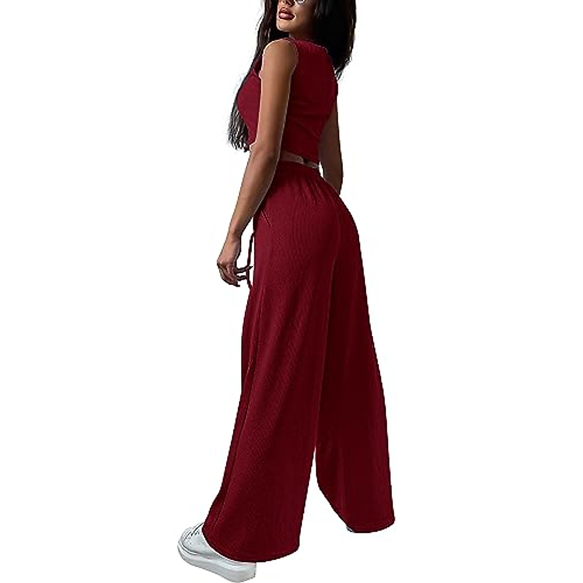 PRETTYGARDEN Womens 2024 Fall Track Suits 3 Piece Outfits Matching Sets Ribbed Knit Cardigan Cropped Tank Tops Wide Leg Pants (Wine Red,Medium)