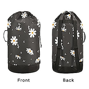 Kigai Small Daisy Travel Laundry Bag Waterproof Durable Large Laundry Backpack with Handles and Drawstring Closure Machine Washable Dirty Clothes Organizer Storage Bag Laundry Hamper
