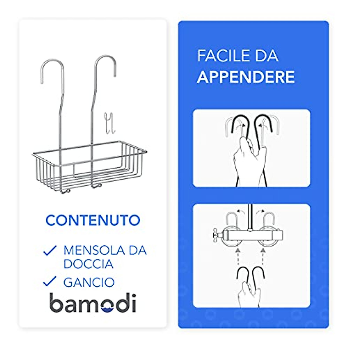 Bamodi Shower Caddy Hanging Stainless Steel | Rustproof Hanging Basket with Hooks-Shower Shelf Bathroom Accessory with Silicone Sleeves and Rubber Rings for Noise Cancelling (15.7x 9.8x 5 Inches)