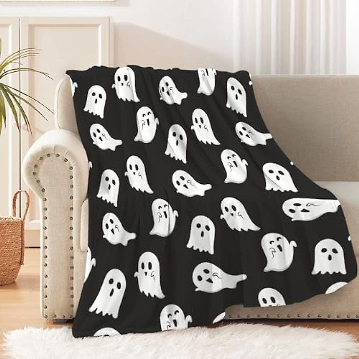 Cute Little Funny Ghost Blanket Gift for Girls Boys, Spooky Decor Plush Soft Fleece Flannel Black White Spooky Halloween Throw Blanket Sheet for Toddler Kids Lap Chair 40X30In
