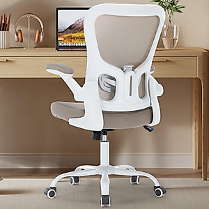 TOPBSHODC Office Chair, Ergonomic Desk Chair with Flip-up Armrests, PU Leather Computer Chair with Lumbar Support, Home Office Desk Chairs with Thickened Cushion, Swivel Mesh Task Chair, Khaki