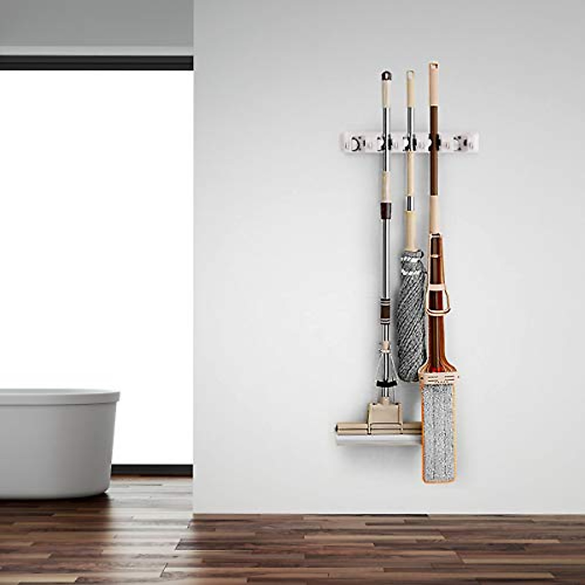 Xiloccer Renatone Mop and Broom Holder Wall Mount, Heavy Duty Organizer Storage Hooks Mounted, Commercial Rack 5 Slots & 6 Hooks, Hanging Tools for Home, Garden, Garage, White, 15 x 3.5 x 2.5 inches