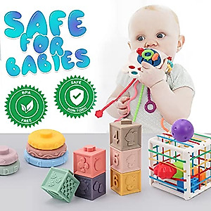 4 in 1 Baby Toys 6to12-18 Months, Pull String Baby Teething Toys, Stacking Building Blocks Infant Toys 3-6-9-12 M+, Color Shape Bin Sensory Toys, Montessori Toys for 1-3 Year Old Boy and Girl Gift