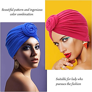 6 Pieces Women African Turban Flower Knot Pre-Tied Bonnet Beanie Cap Headwrap (Black, Royal-blue, Rosy, Camel, Navy, Yellow)