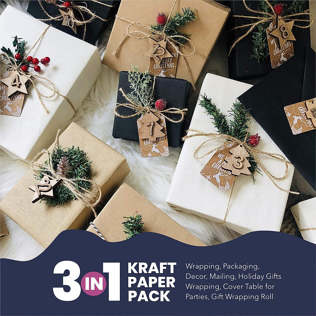 BearBoss 3 Kraft Paper Roll - Brown Black White - 12 inches x 100 feet - Paper Perfect for for Crafts, Art,Small Wrapping, Packing, Postal, Shipping, Dunnage & Parcel, Special Package