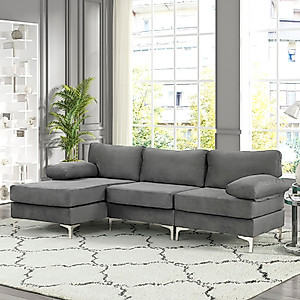 Casa Andrea Milano Modern Velvet Fabric Sectional Sofa, L-Shape Couch with Extra Wide Chaise Lounge