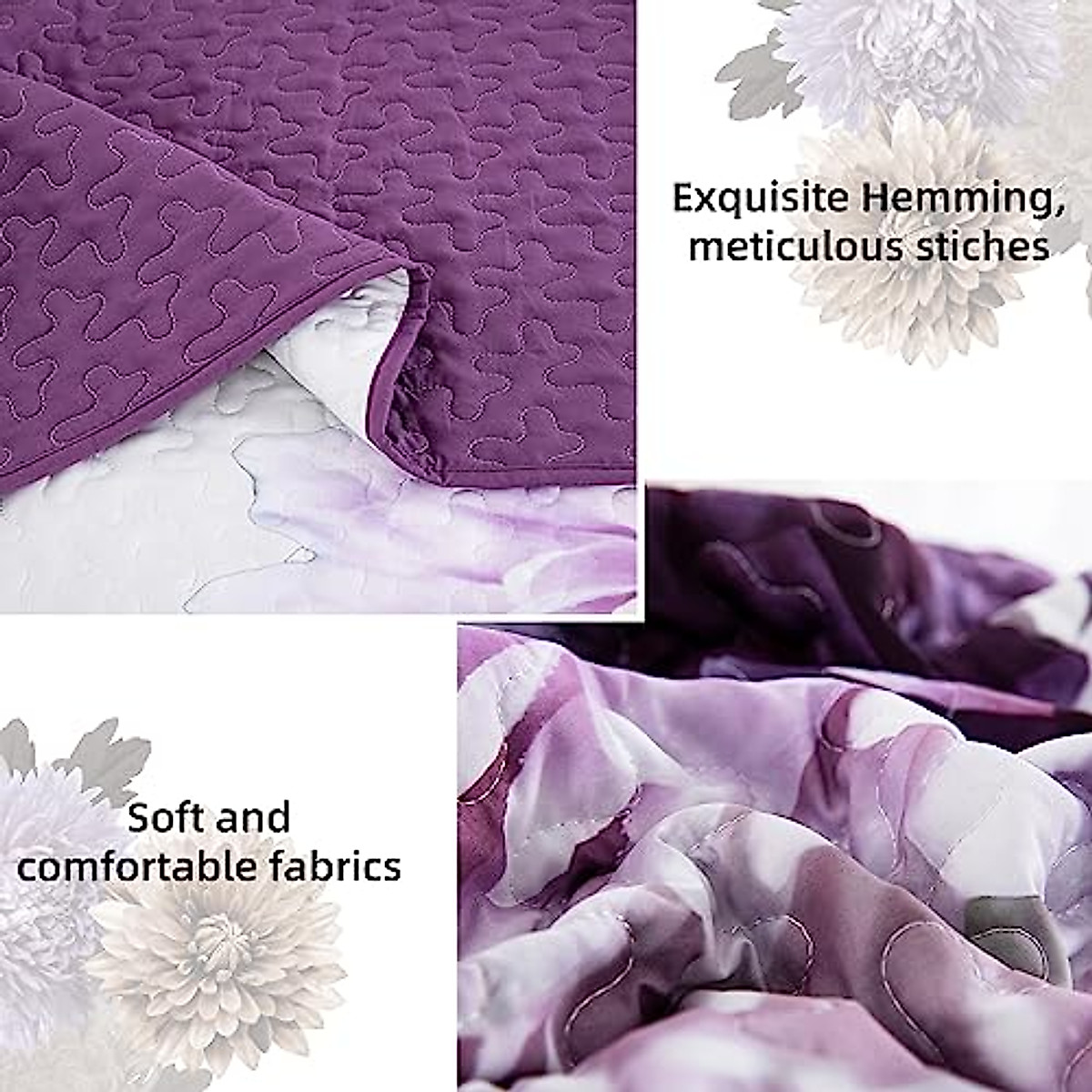 Dintszyayue Floral Quilt Set King Size, 3 Pieces Purple Flower Quilt Coverlet Set with 2 Pillowcases Lightweight Microfiber Bedspread All Season King 104"x90"