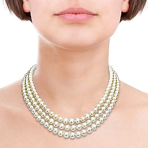 .925 Sterling Silver 6.5-7mm White Freshwater Cultured Pearl 3-Row Necklace, 18"