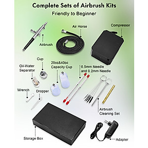 Gocheer Airbrush Kit with Air Compressor, 40 PSI High Pressure Air Brush Non-Clogging with 0.2/0.3/0.5mm Nozzle/Cleaning Sets, Ideal for Painting, Modeling, Cake Decor, Pastry, Makeup, Nail Art etc.