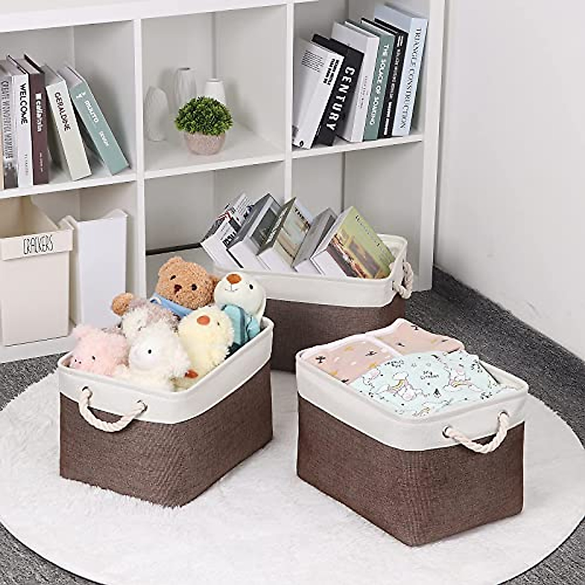 Bidtakay Baskets Set Fabric Storage Bins-White&Earthy Brown Bundled Baskets of 2 Large Baskets 16" X 11.8" X 11.8" + 3 Medium Baskets 15" X 11" X 9.5"