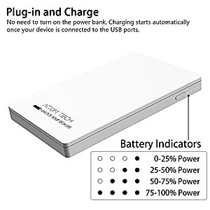 Attom Tech USB Output Super Slim Power Bank Ultra Thin 3000mAh Portable Charger, Micro USB and USB-C Dual Input Ports Mini External Phone Battery Pack Small Emergency Phone Power Backup (White)