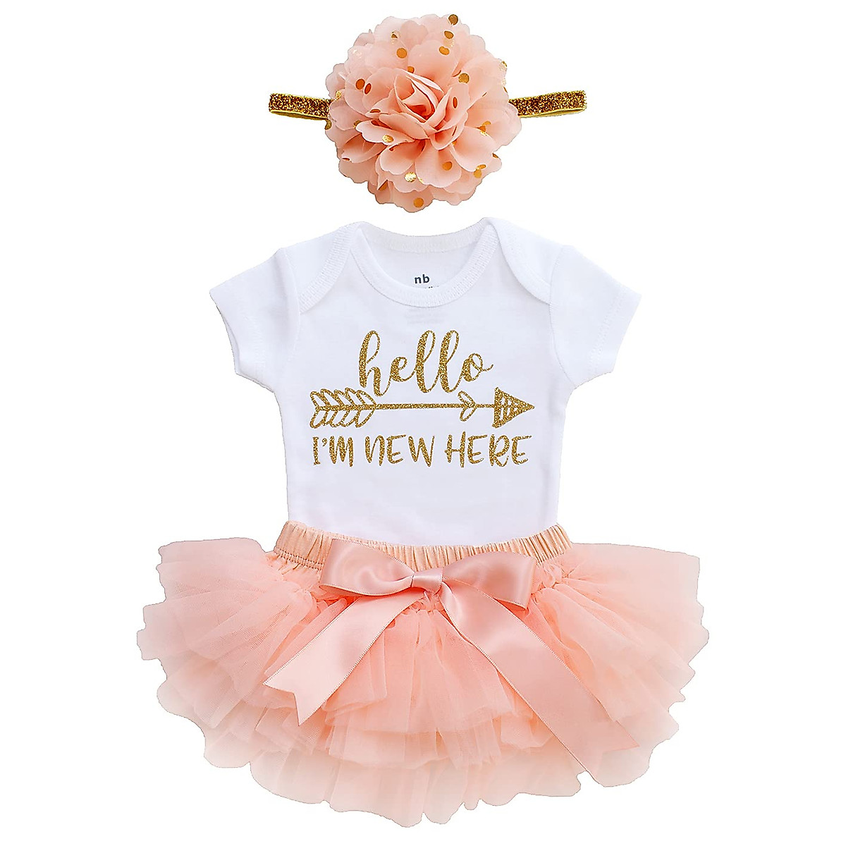 OoSweetCharlotteoO Newborn Baby Girl Coming Home Outfit Hello I am New here Bodysuits 3pcs (Newborn) (Newborn, Peach Short Sleeve)