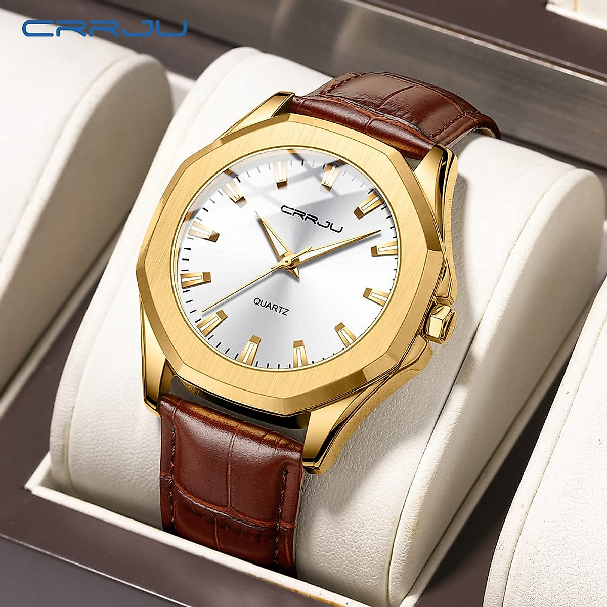 CRRJU Men's Golden Fashion Luxury Classical Leather Watches for Men Business Simple Luminous Analog Quartz Wristwatches