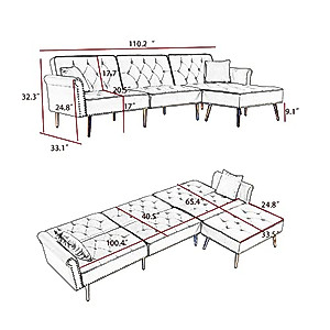 WILLIAMSPACE Green Sectional Couches for Living Room, Sectional Sofa with Recliner, Convertible L-Shaped Sofa with Sleeper, Comfy Velvet L-Shape 3 Seats Sofa and Pillows for Small Spaces