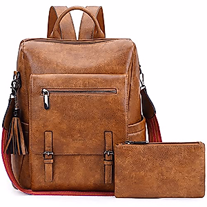 HKCLUF Backpack Purse for Women Vegan Leather Travel Backpack Multipurpose Design Convertible Satchel Bag Handbag and Purse 2Pcs Pack Backpack with Tassel(Brown)