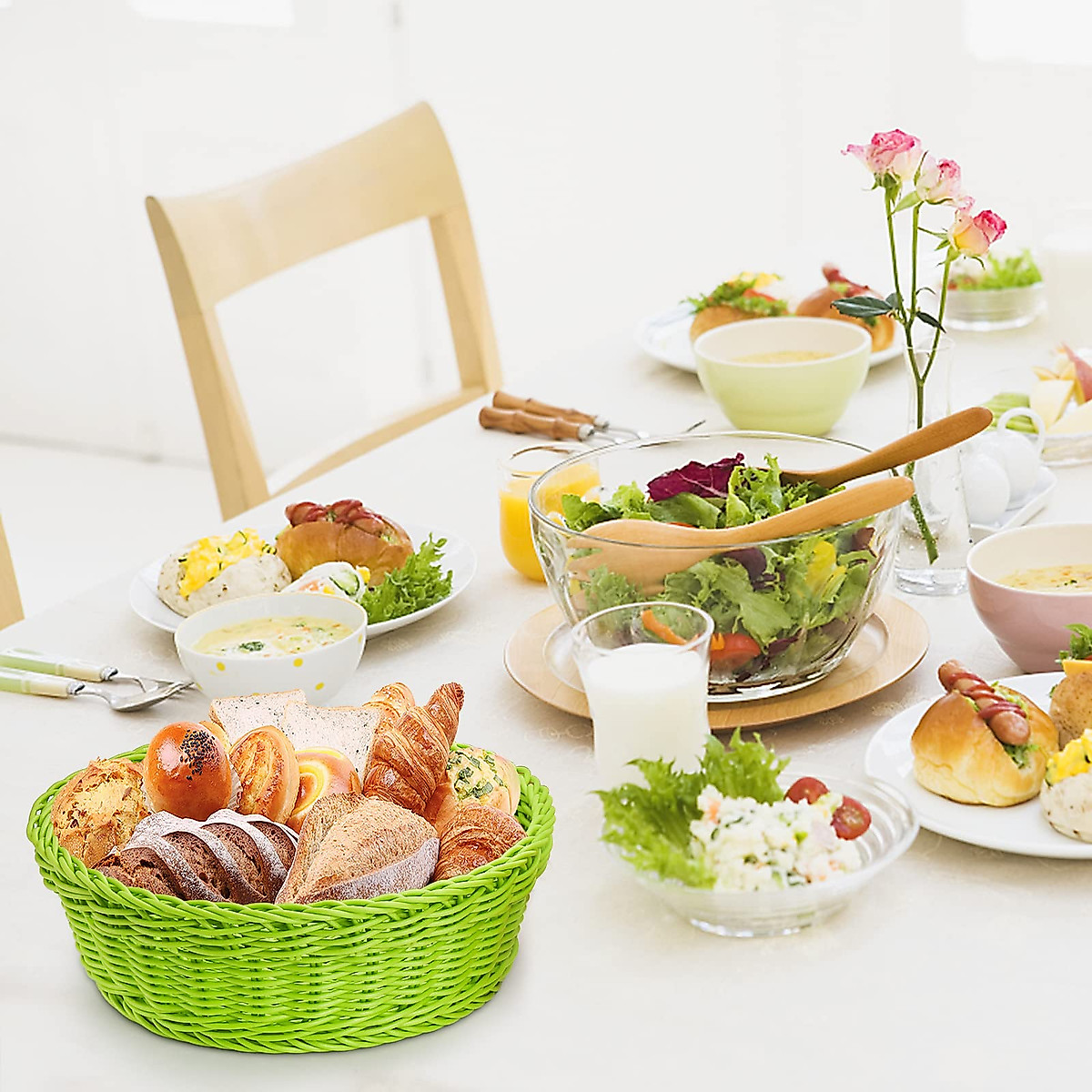 AVLA 4 Pack Woven Breads Baskets, Imitation Rattan Fruit Storage Bowls, Stackable Handwoven Serving Basket, Poly-Wicker Round Basket Set for Organizing, Decorative Gift Basket for Countertop, Pantry