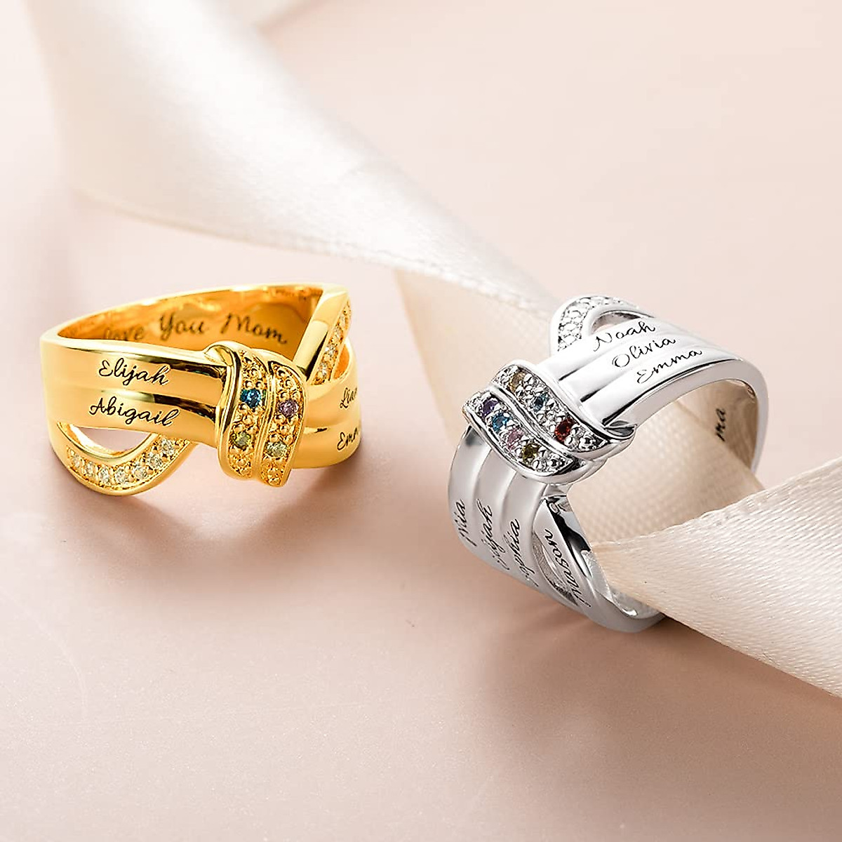 Custom Mom Rings In 925 Sterling Silver/Brass Personalized Engraved 1-8 Family Name Birthstone Rings Birthday Jewelry Christmas Gifts For Women Mother Grandmom Nana