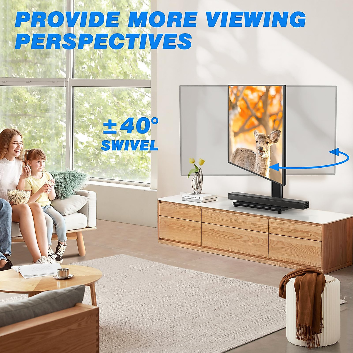 Rfiver Universal Swivel Tabletop TV Stand for Flat Screens 23 24 26 32 39 40 42 43 Inch, Heavy Duty Center Pedestal Stand Replacement with Black Tempered Glass Base and Height Adjustable Mount