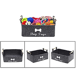 Geyecete Dog Toys Storage Bins - with Wooden Handle,Decorative Basket Rectangular Soft Felt Storage Bin Organizer Basket Pet Supplies Storage Basket/Bin Kids Toy Chest Storage Trunk(Dog-Grey)
