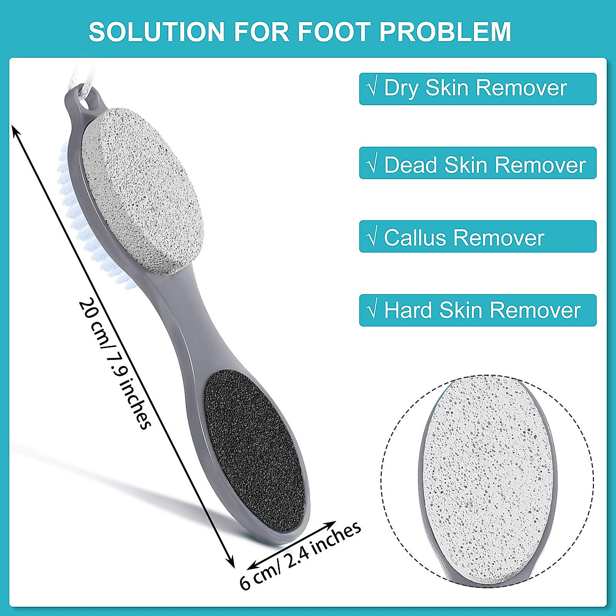 2 Pieces 4 in 1 Pedicure Tool Foot Scrubber Brush Foot File Callus Remover with Foot Rasp, Pumice Stone, Nail Cleaning Brush and Sand Paper for Dry and Wet Foot Care Dead Skin Remover (Gray)