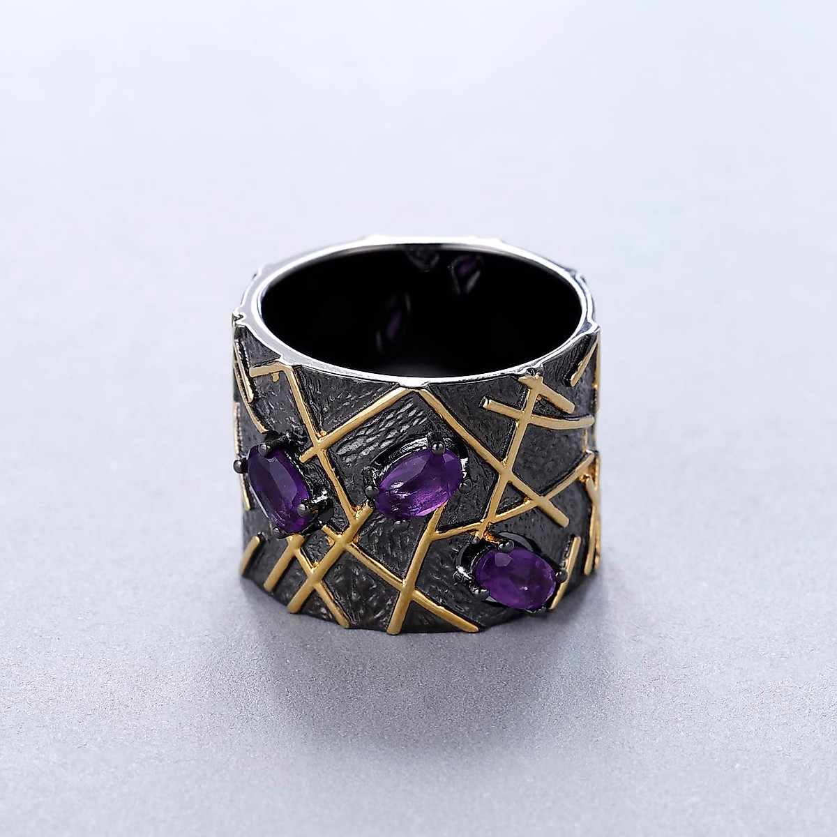 Gem's Beauty Gifts for Her Amethyst Rings Original Designer Silver Gemstone Black Rings Amethyst Women Rings Birthstone Handmade Jewelry Valentine's Day Gifts for Wife(Size 5)