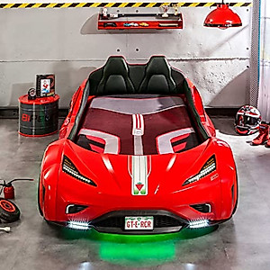 Cilek GTS EV Twin Race Car Bed, Remote Control, LED Lights, EV Sound FX, Vegan Leather Interior, License Plate, Red