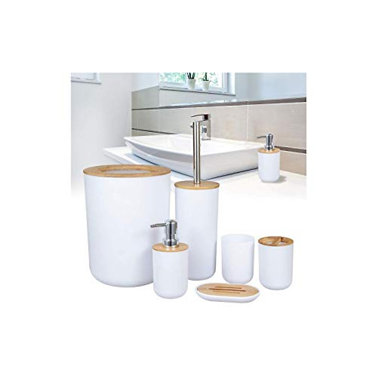 Laipi Bamboo Wooden Bathroom Accessories Set, 6 cs Gift Set Toilet Brush, Soap Dispenser, Waste Bin, Toothbrush Holder, Soap Dish Cup Set