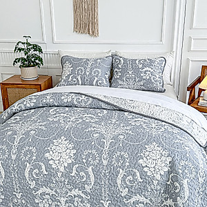 Gray Cotton Quilt Set Queen Size Floral Quilt Set White Flowers Leaves Cotton Reversible 3pc Quilt Bedding Set, Coverlet, Bedspread with 2 Pillow Shams