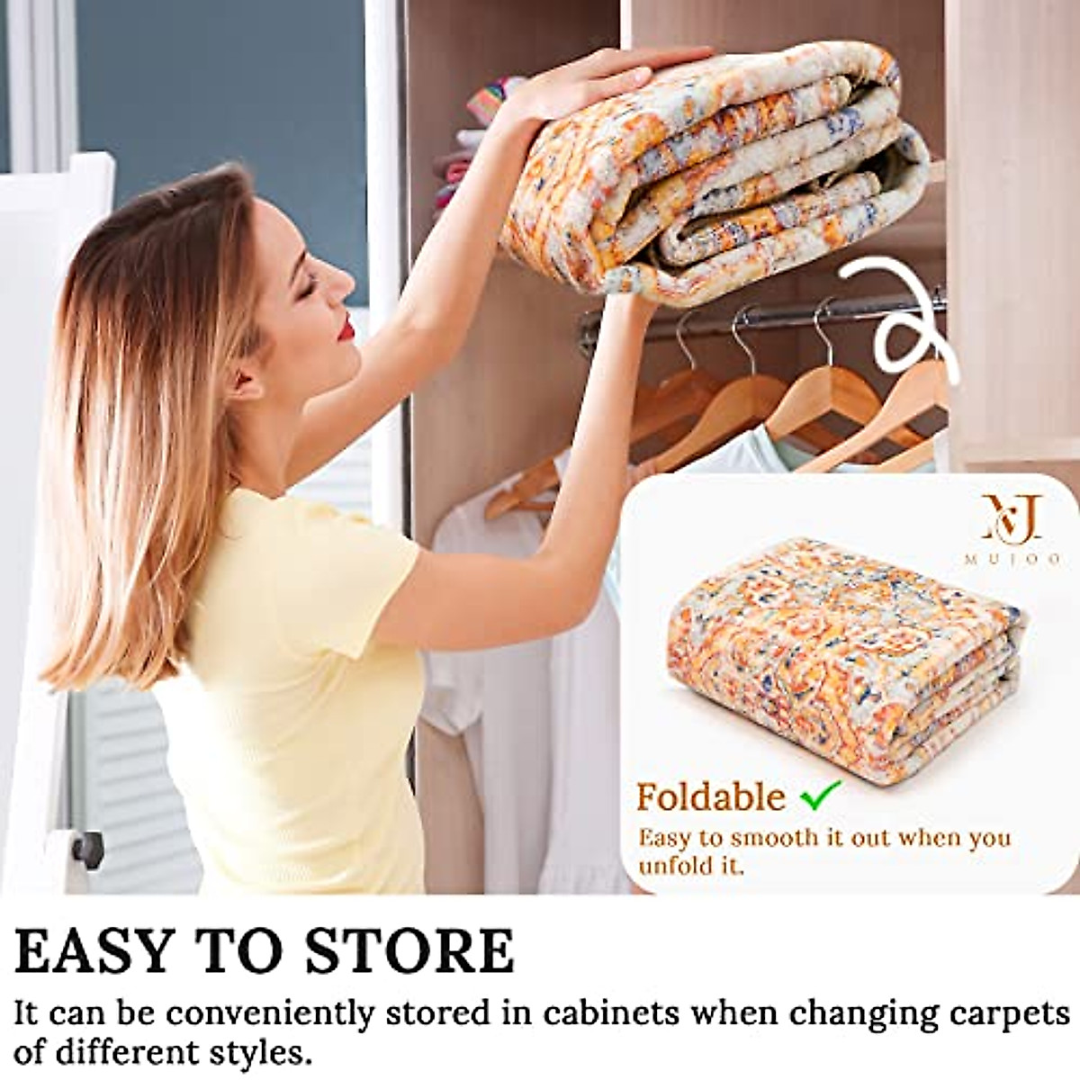 MUJOO Machine Washable Rugs 3x5 Boho Area Rug Small Area Rugs Non Slip for Entryway Bedroom Bedside Kitchen Hallway Living Room Laundry Room Persian Indoor Mat Soft Low-Pile Burnt Orange and Blue