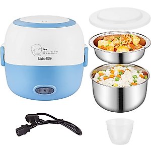 Mini Rice Cooker- 110V 200W Removable Stainless Steel Food Heating Rice Cooker - with Bowl, Plate, Measuring Cup (Blue)