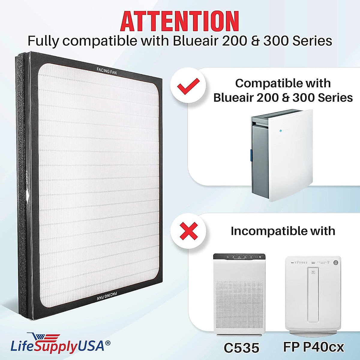 True HEPA Air Cleaner Filter Replacement Compatible with Blueair 200 SmokeStop 201, 203, 215B, 250E, 270E, and 303 Air Cleaners by LifeSupplyUSA (1 Pack)
