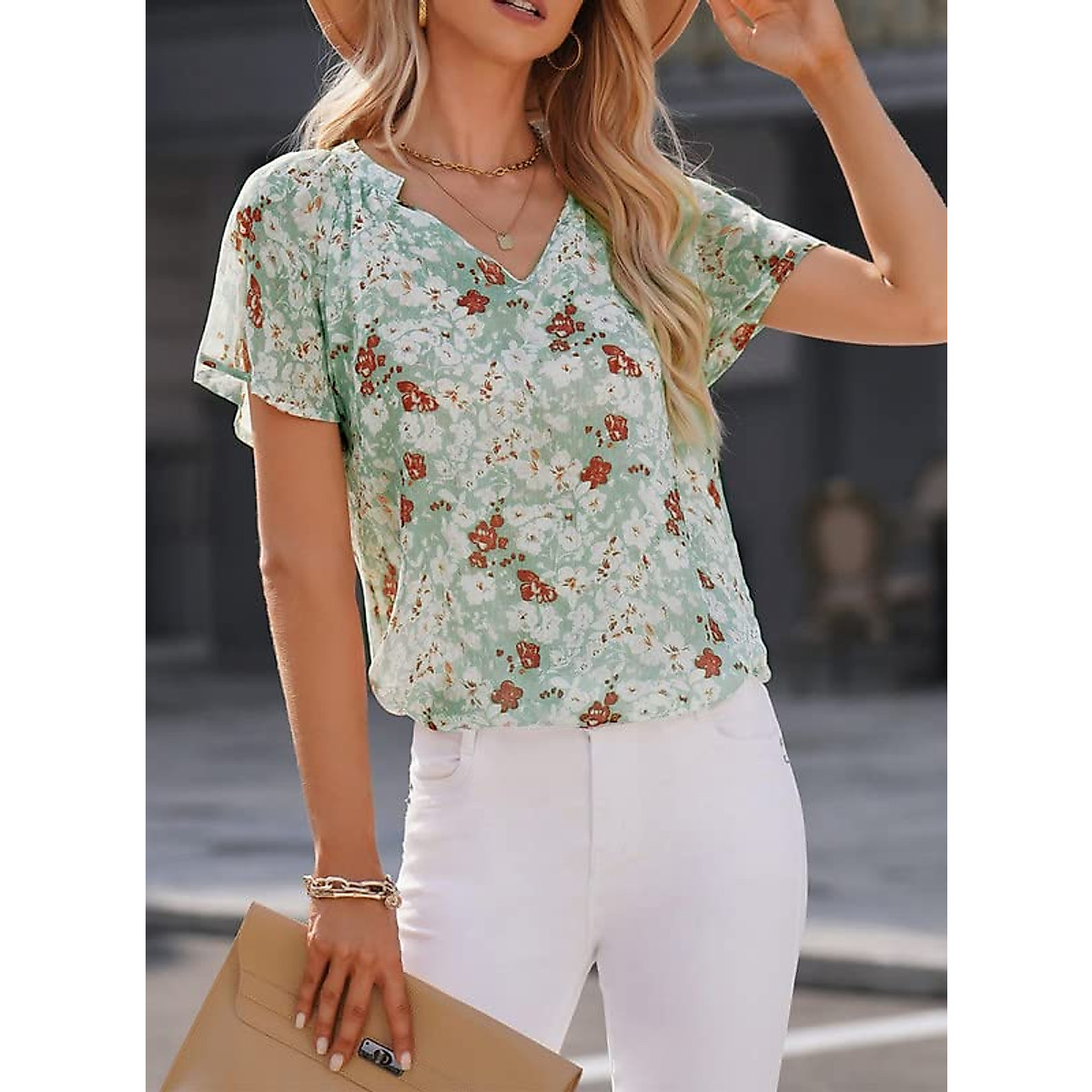 Dokotoo Womens Boho Tops and BlousesV Neck Floral Cap Sleeve Ladies Flowy Ruffle Summer Shirts Medium Green