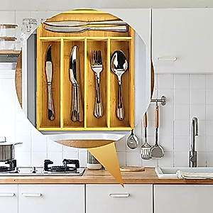 PURENJOY Bamboo Utensil Drawer Organizer Kitchen Utensils Cutlery Organizer in Drawer Kitchen Flatware Organizers for Drawer Cutlery Tray Organizer Silverware Holder Dividers with 5 Compartments