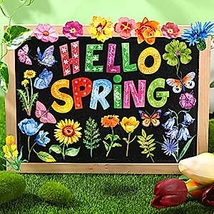 72 Pcs Cute Cutouts Hello Spring Cut Outs with 96 Pcs Glue Points Spring Bulletin Board Set Floral Plants Spring Cutouts Spring Decorations for Classroom School Game Party Bulletin Board Supplies